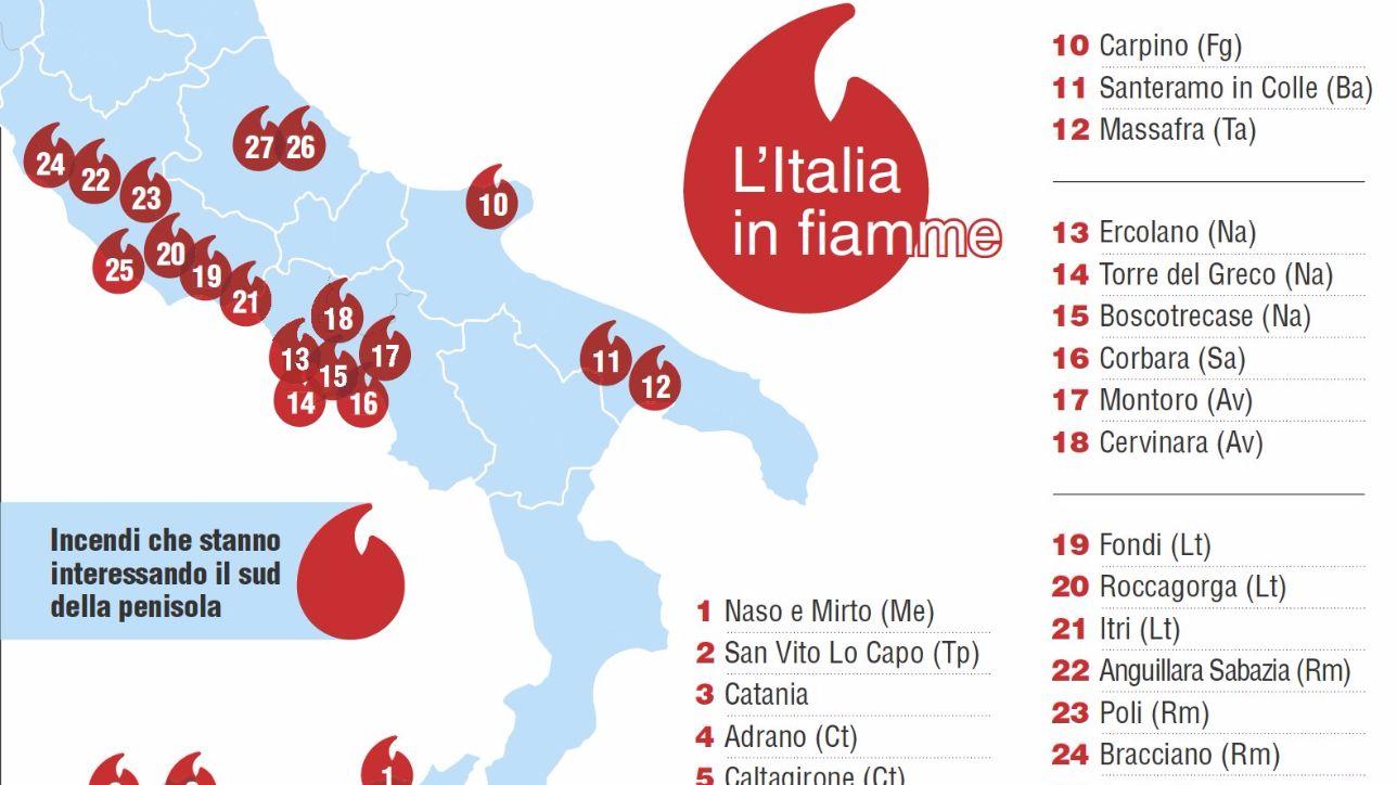 La mappa degli incendi nel Sud Italia - Tgcom24
